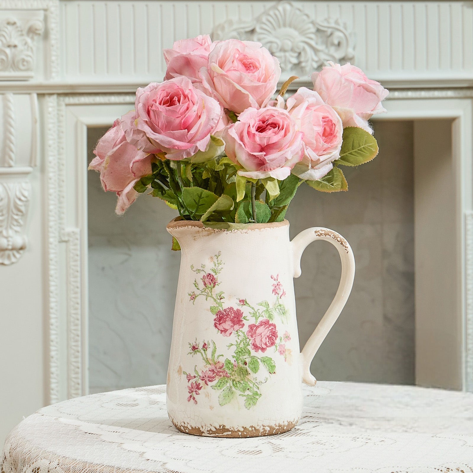 TEWEIQI Vintage Pink Rose Ceramic Vase with Handle, Distressed Farmhou ...